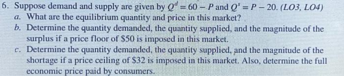 Solved 5. Suppose demand and supply are given by Qd=60−P and | Chegg.com