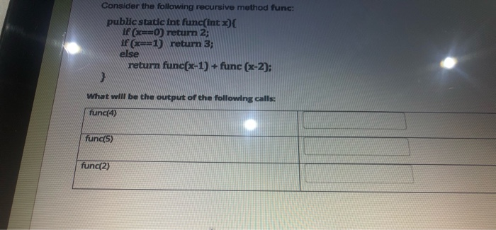Solved Consider the following recursive method func: public | Chegg.com