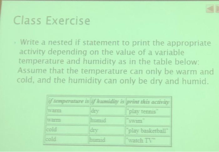 Solved Class Exercise · Write a nested if statement to print | Chegg.com