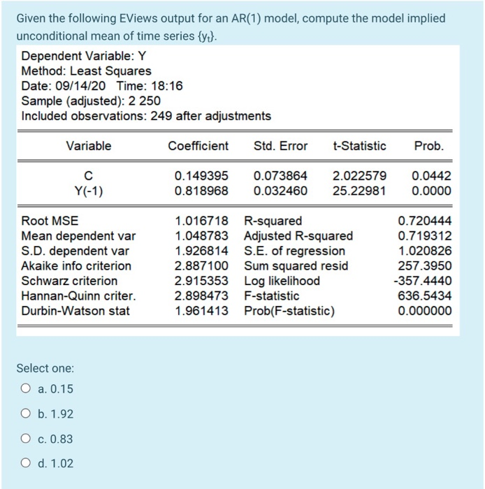 Given the following EViews output for an AR(1) model, | Chegg.com
