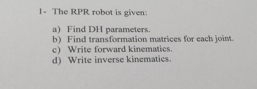 Solved 1- The RPR robot is given: a) Find DH parameters. b) | Chegg.com