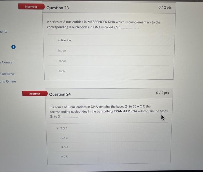 Solved A series of 3 nucleotides in MESSENGER RNA which is | Chegg.com