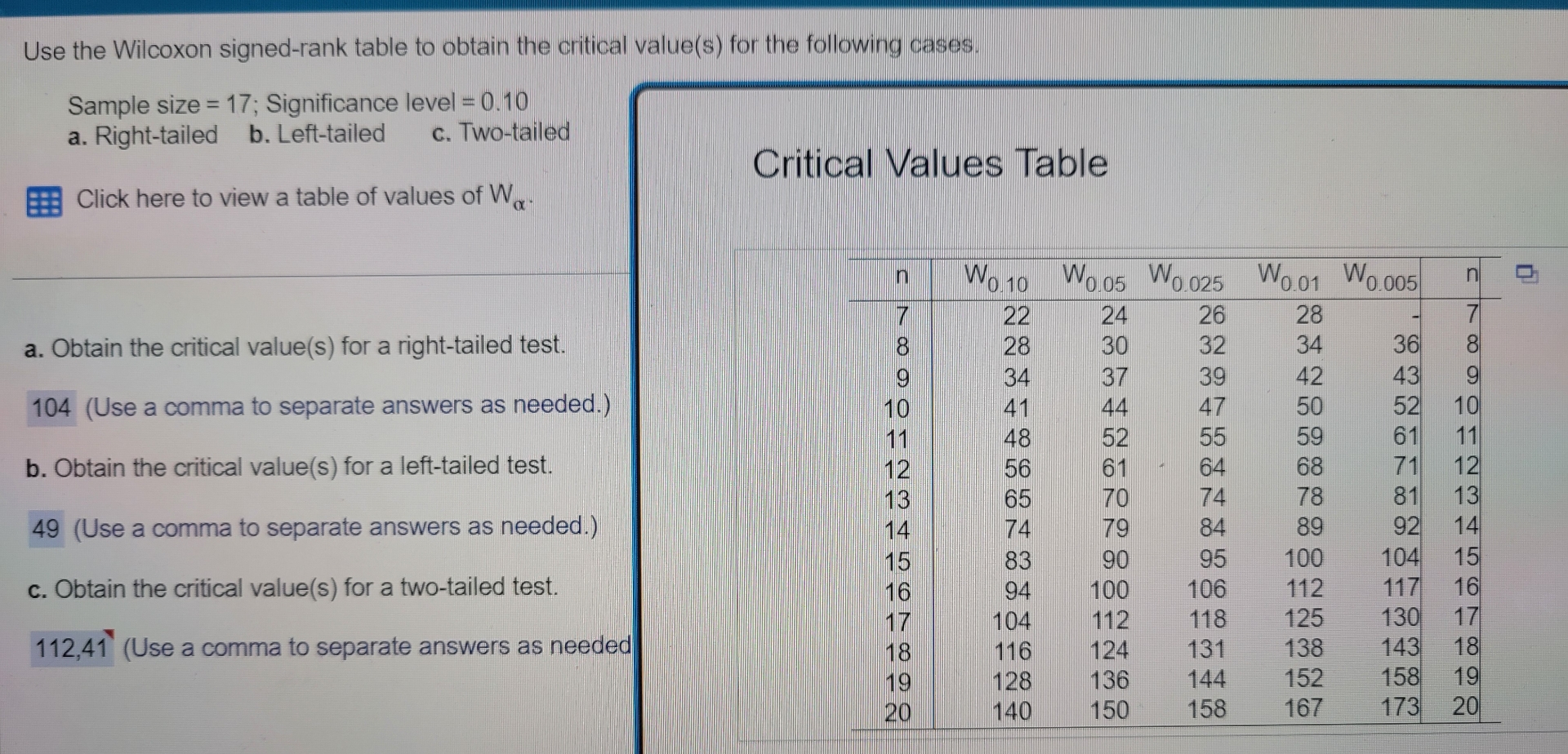 Solved Use the Wilcoxon signed-rank table to obtain the | Chegg.com