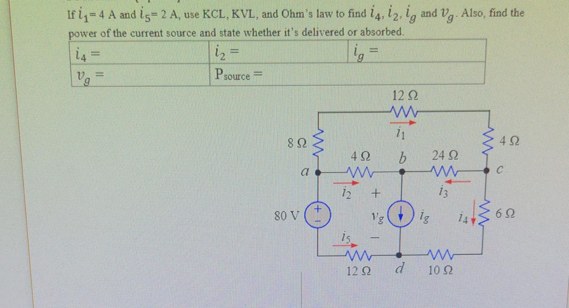 Solved If i1=4 A and i5=2 A, use KCL, KVL, and Ohm 's law to | Chegg.com