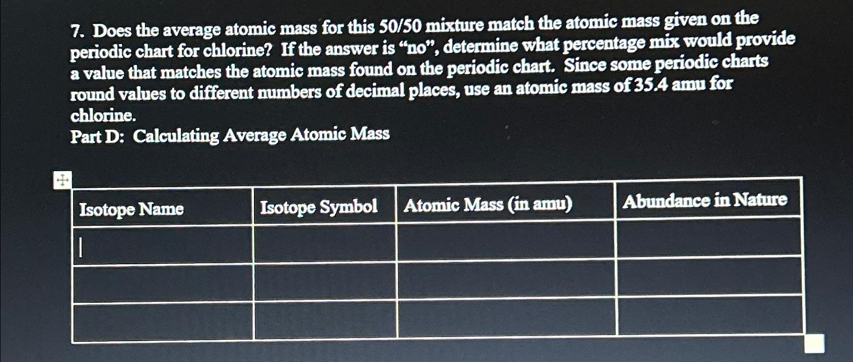 Solved Does the average atomic mass for this (50)/(50) | Chegg.com