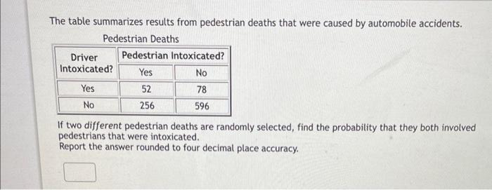 Solved The table summarizes results from pedestrian deaths | Chegg.com