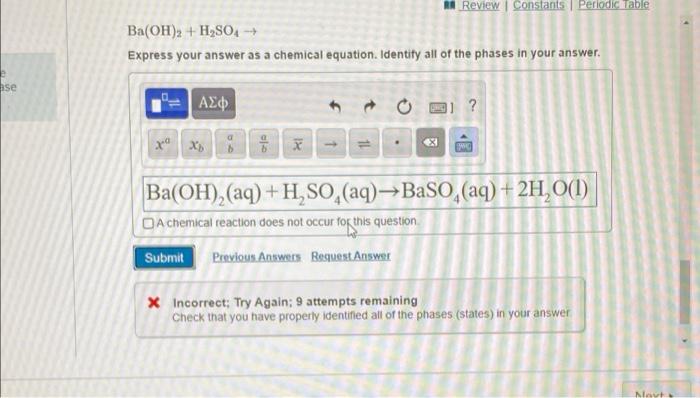 Solved A Review Constants Periodic Table Ba(OH)2 + H2SO4 → | Chegg.com