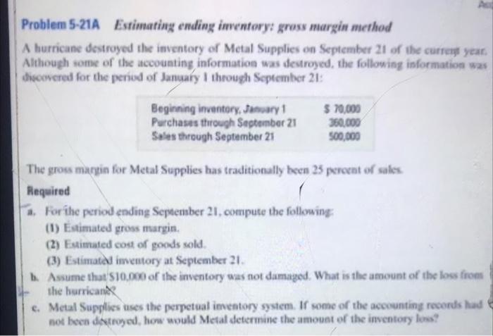 Solved Problem 5-21A Estimating emaling imentory: gross | Chegg.com