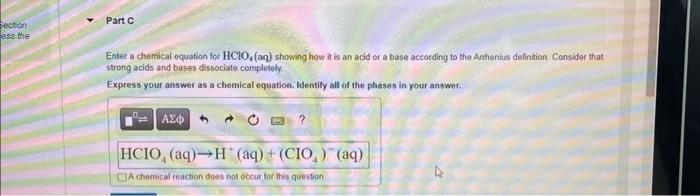 Solved Part C Enter a chemical equation for HClO4(aq) | Chegg.com