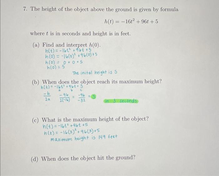 Solved 7. The height of the object above the ground is given | Chegg.com