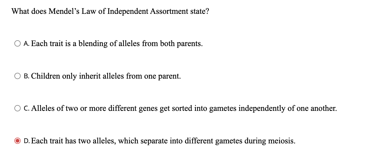 Solved What does Mendel's Law of Independent Assortment | Chegg.com