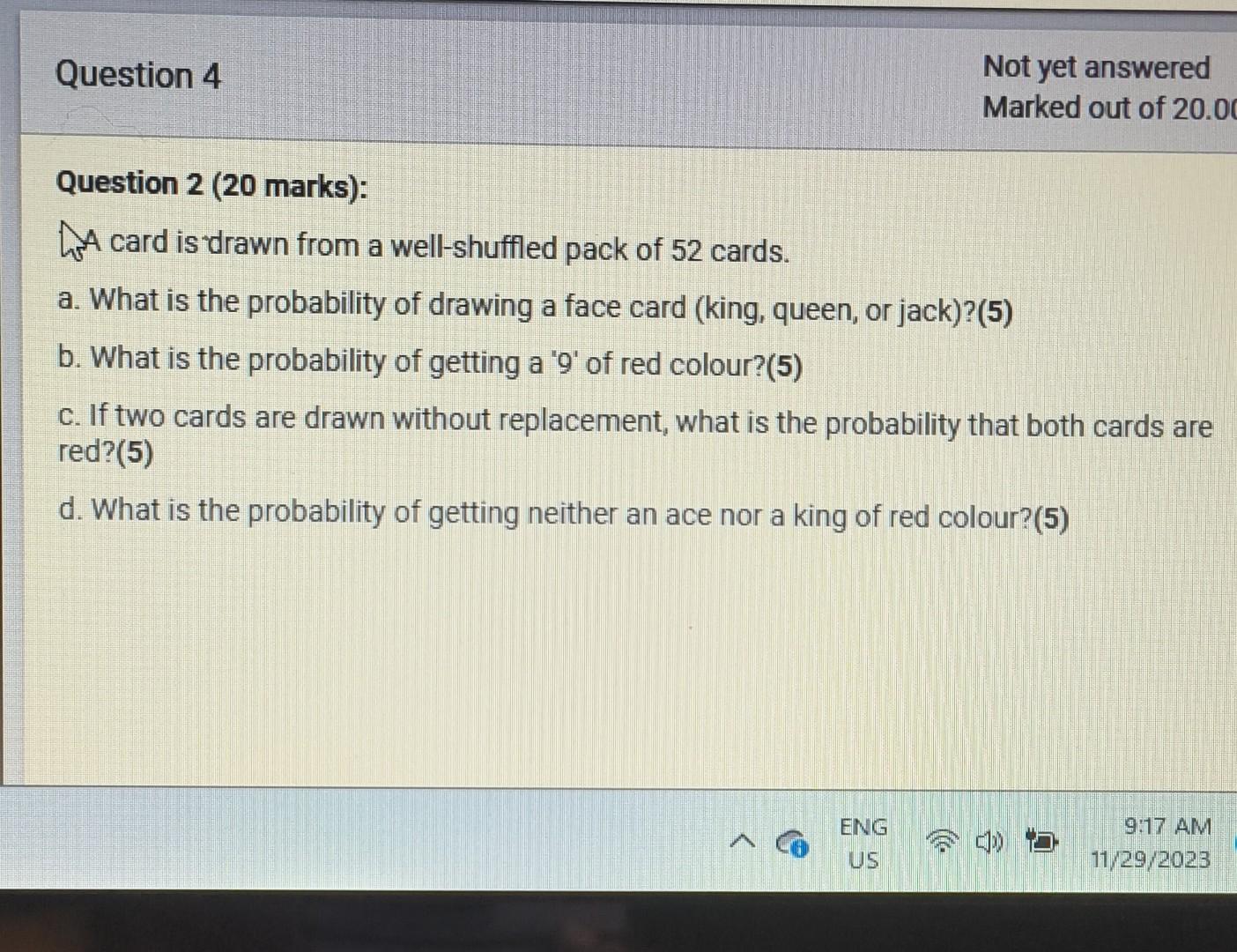 Solved Question 2 (20 marks): A card is drawn from a | Chegg.com