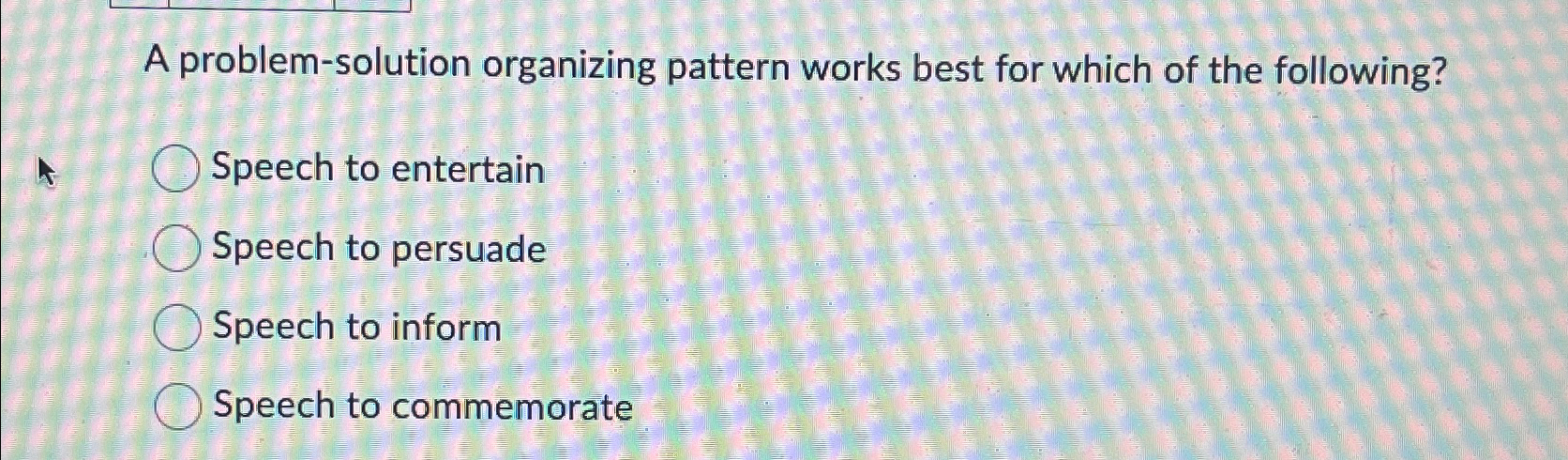 Solved A problem-solution organizing pattern works best for | Chegg.com
