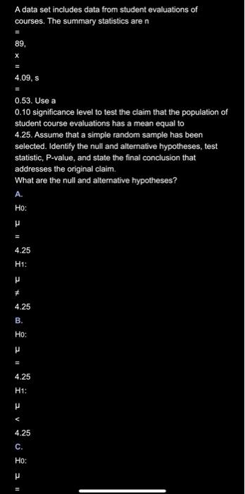 Solved A data set includes data from student evaluations of | Chegg.com