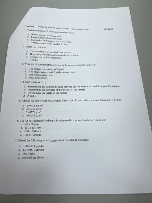 Solved (20 Mark) Question 1. Choose the correct wer for the | Chegg.com