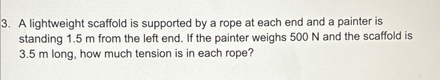 Solved A lightweight scaffold is supported by a rope at each | Chegg.com