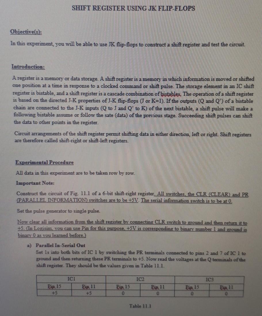 SHIFT REGISTER USING JK FLIP-FLOPS Objective(s): In | Chegg.com