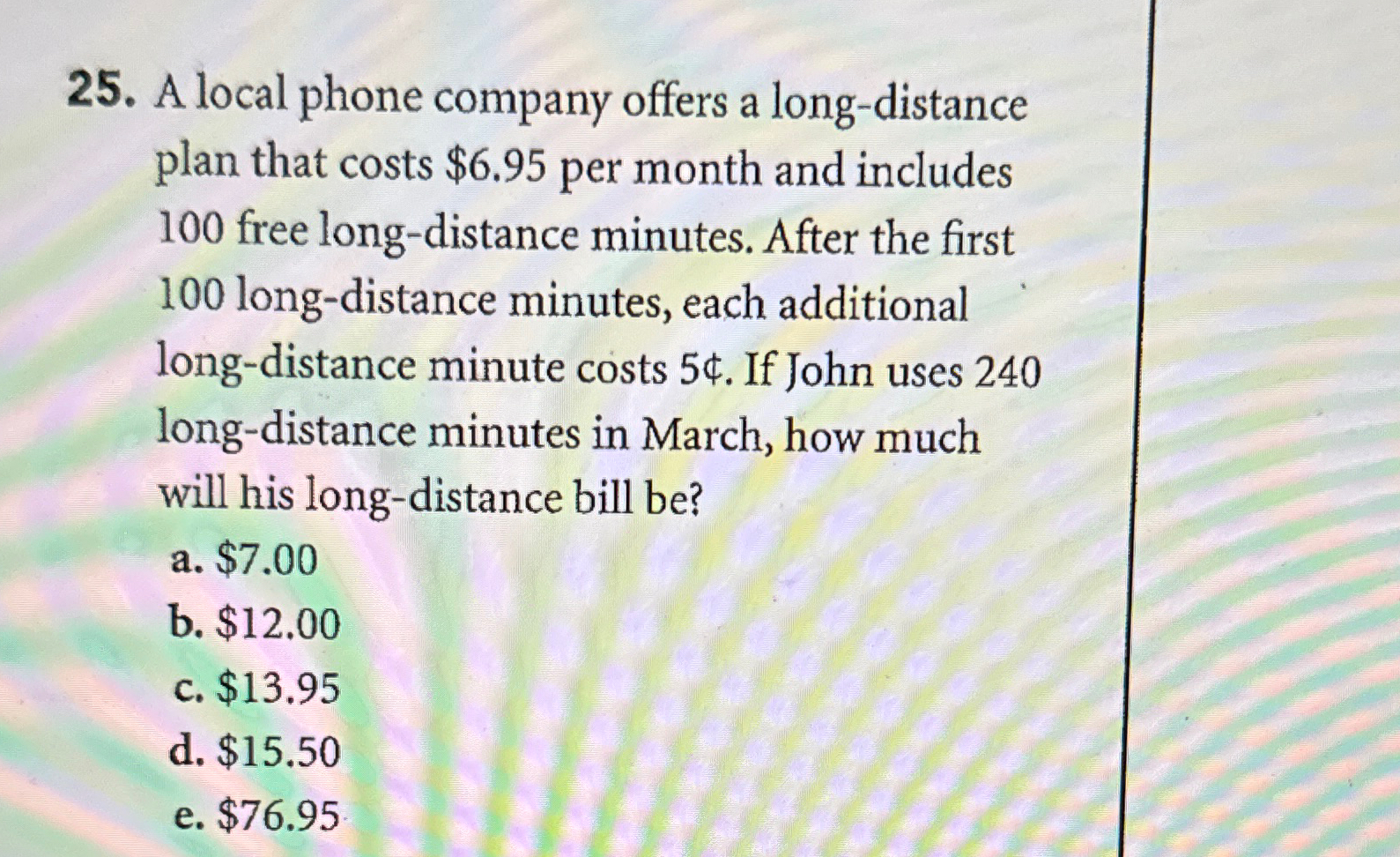 Solved A local phone company offers a long-distance plan | Chegg.com