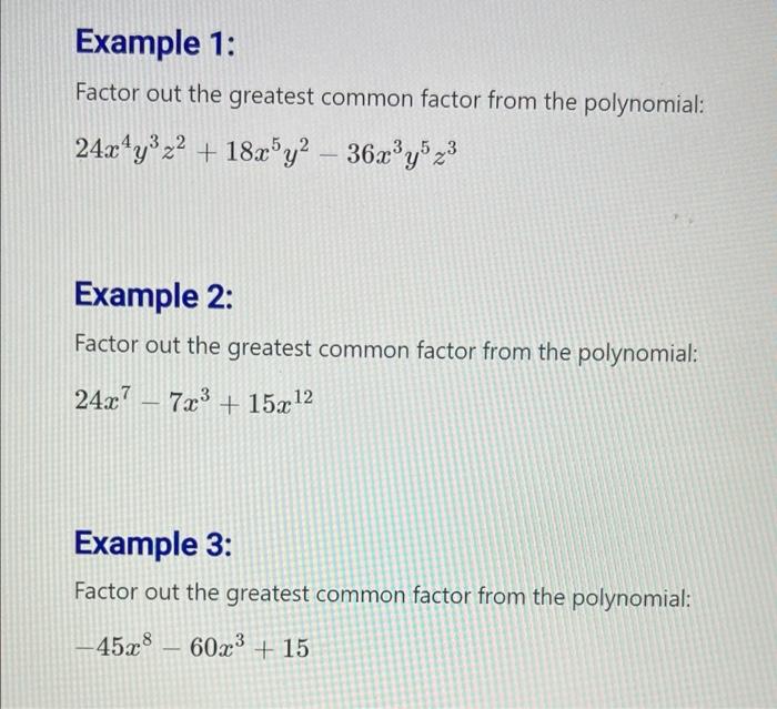 Solved Factor out the greatest common factor from the | Chegg.com