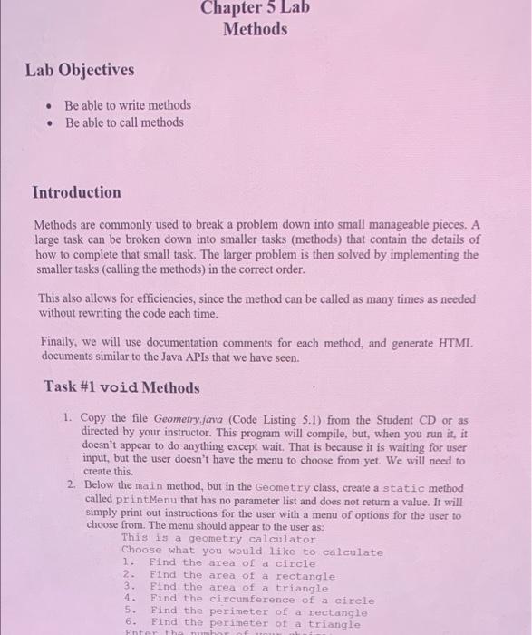 Solved Chapter 5 Lab Methods Lab Objectives • Be able to | Chegg.com