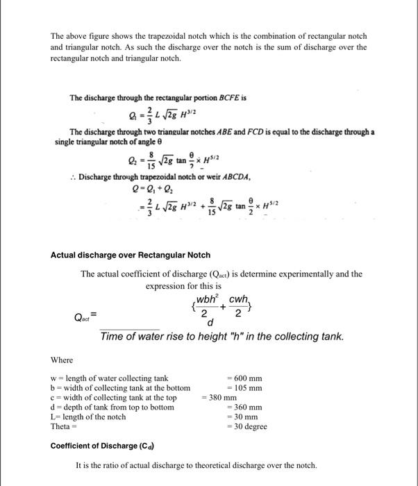 EXERIMENT-3 Coefficient of discharge for Trapezoidal | Chegg.com