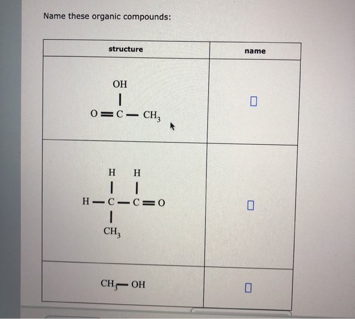Solved Name these organic compounds: structure name OH o=C - | Chegg.com