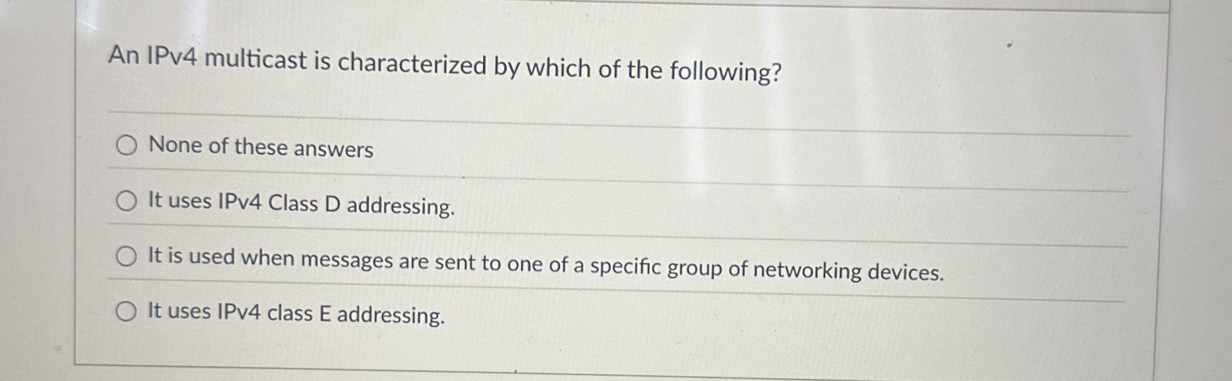 Solved An IPv4 ﻿multicast is characterized by which of the | Chegg.com