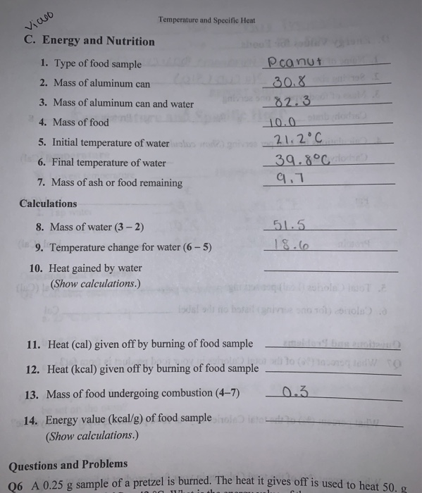 Solved Temperature and Specific Heat D. Energy Values for | Chegg.com