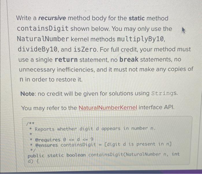Write a recursive method body for the static method | Chegg.com