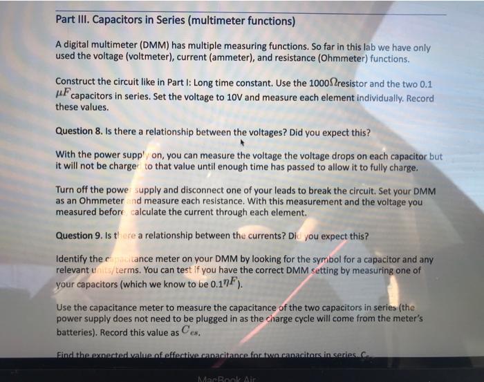 Solved Part III. Capacitors in Series (multimeter functions) | Chegg.com
