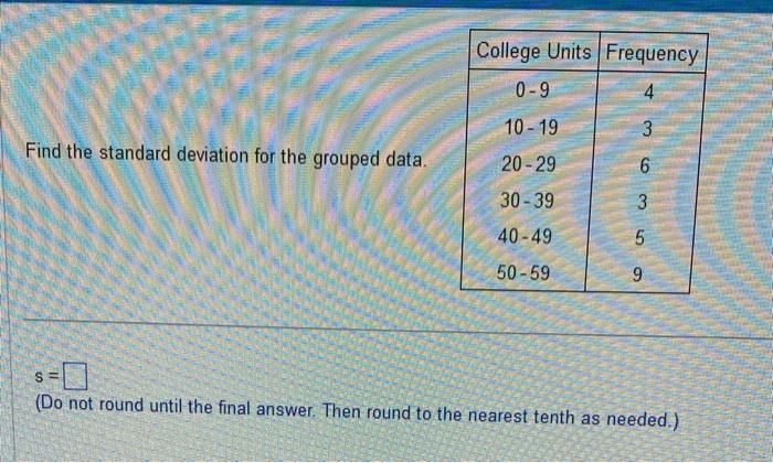 Solved Find the standard deviation for the grouped data. s= | Chegg.com