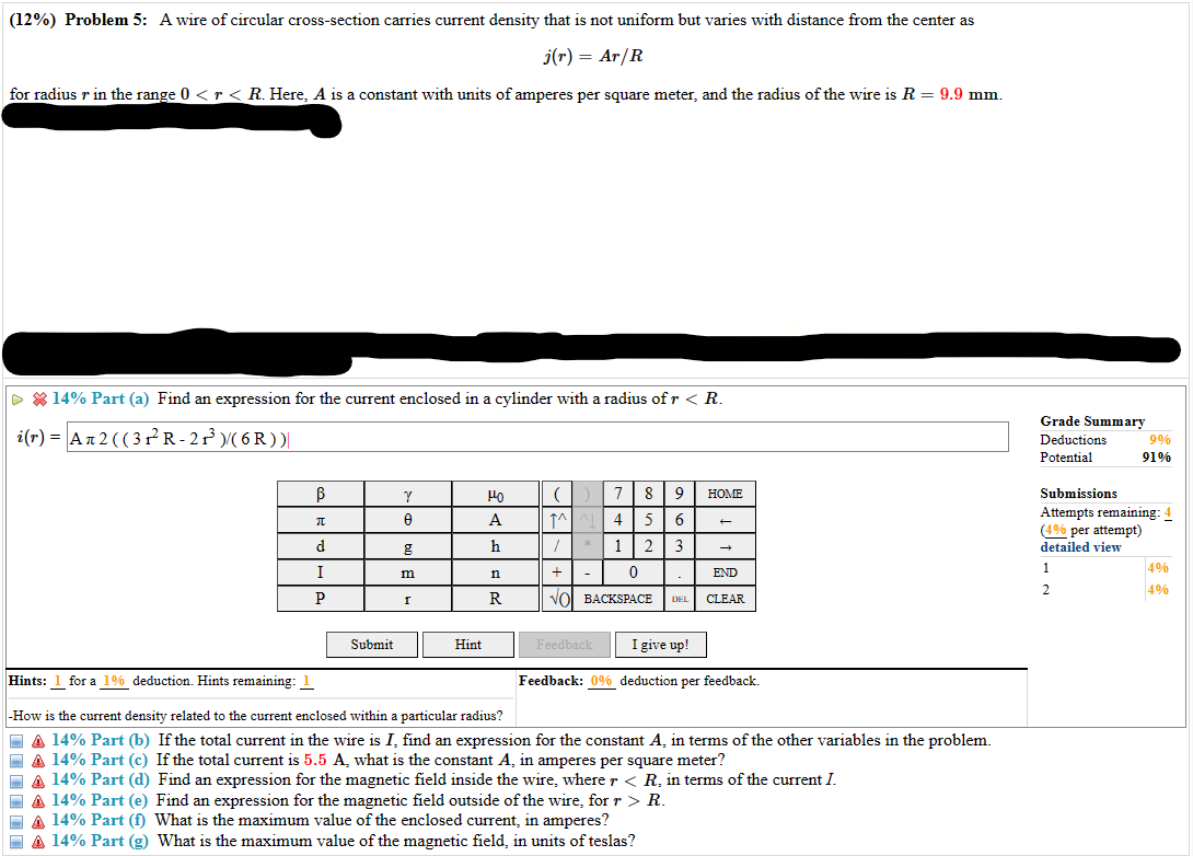 Solved (12%) ﻿Problem 5: A wire of circular cross-section | Chegg.com