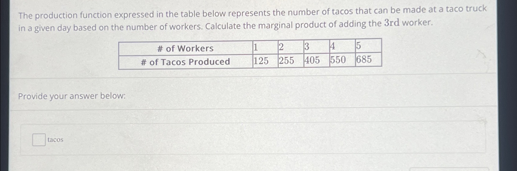 Solved The production function expressed in the table below | Chegg.com