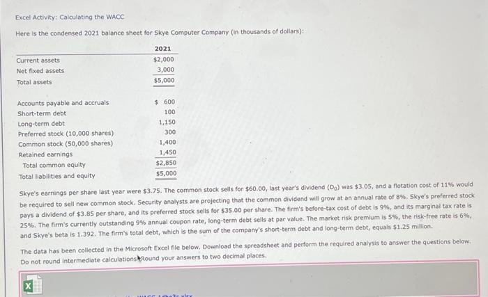 Solved Excel Activity: Calculating the WACC Here is the | Chegg.com