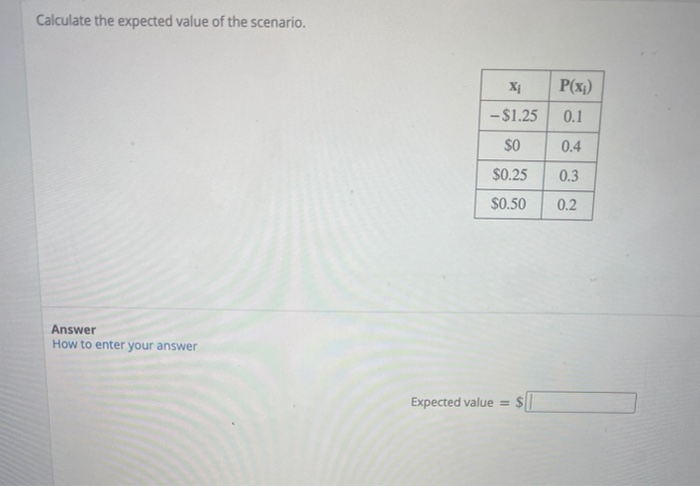 Solved Calculate the expected value of the scenario. X; P(x) | Chegg.com