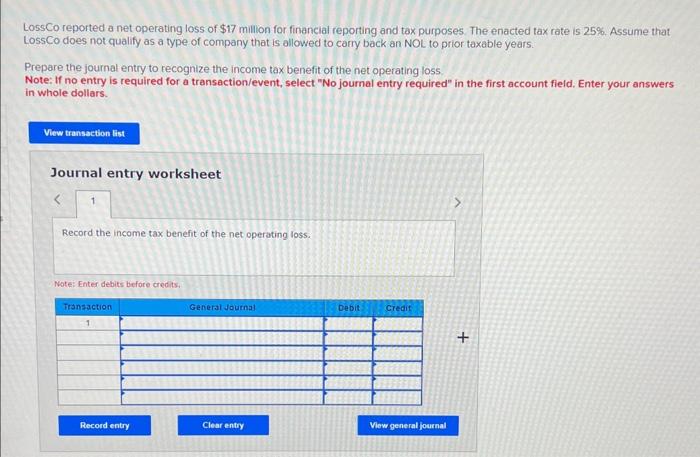 Solved LossCo reported a net operating loss of $17 million | Chegg.com