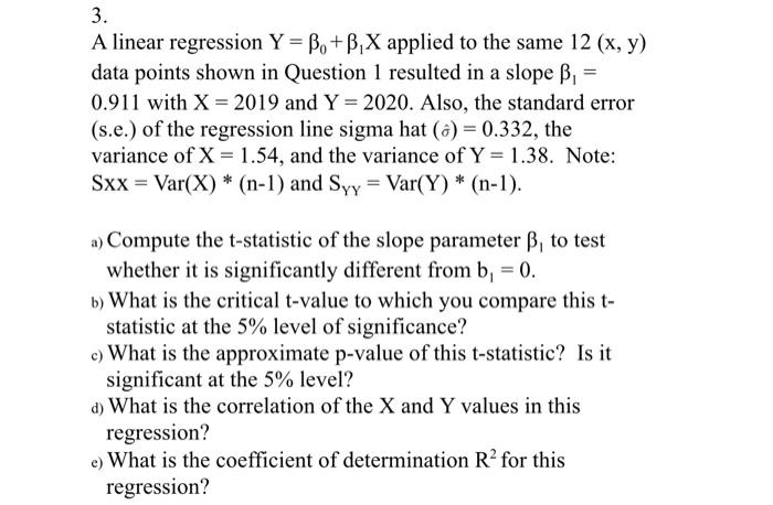 Solved 3. A linear regression Y = B.+B,X applied to the same | Chegg.com