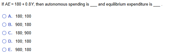 Solved If AE=180+0.8Y, ﻿then autonomous spending isand | Chegg.com