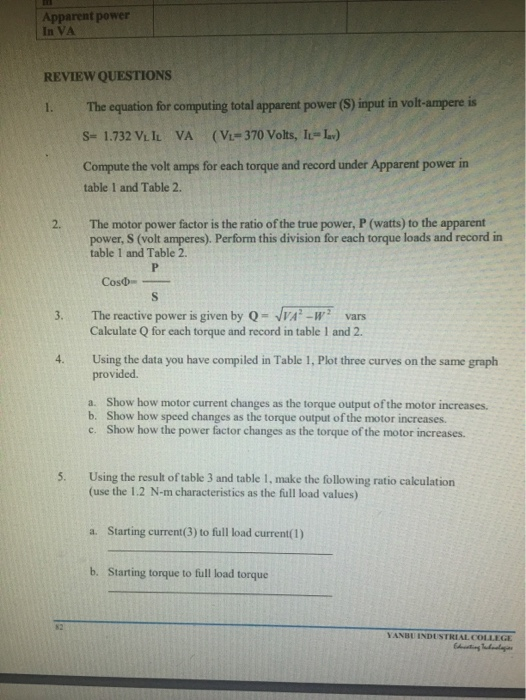 Apparent power In VA REVIEW QUESTIONS 1. The equation | Chegg.com