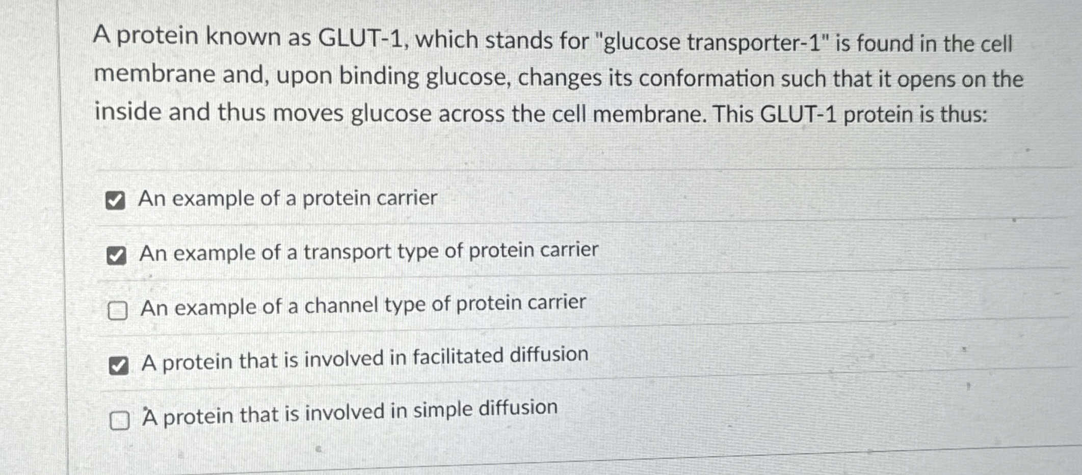 Solved A protein known as GLUT-1, ﻿which stands for "glucose | Chegg.com