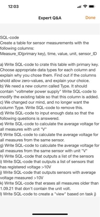 Solved 12:03 . Expert Q&A Done SQL-code Create a table for | Chegg.com