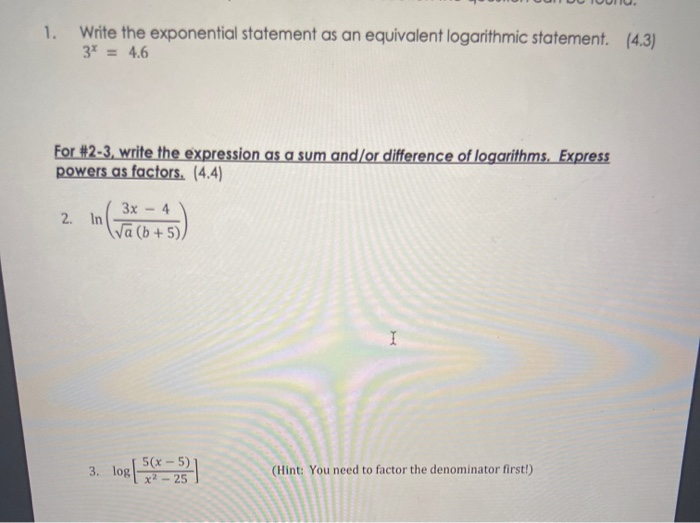 Solved 1. Write the exponential statement as an equivalent | Chegg.com