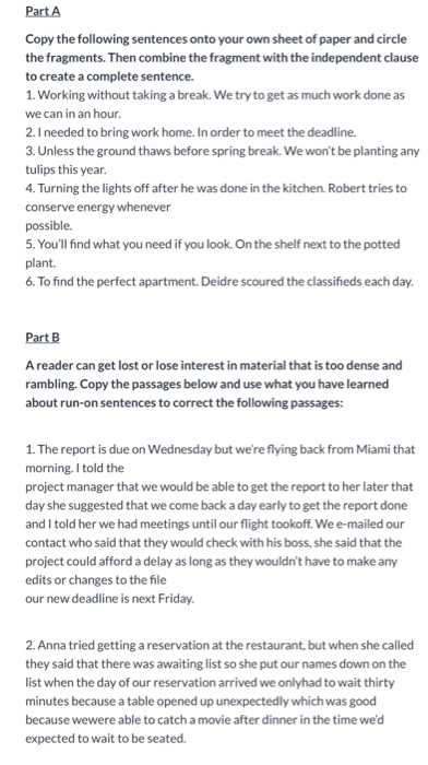 Part A Copy the following sentences onto your own | Chegg.com