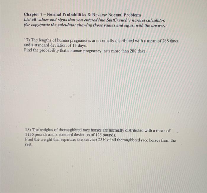 Solved Chapter 7 - Normal Probabilities \& Reverse Normal | Chegg.com