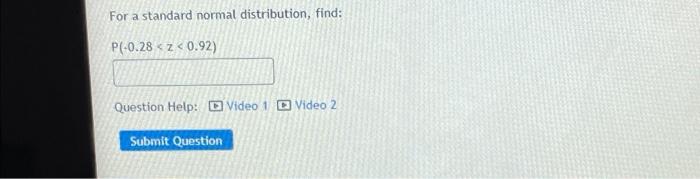 Solved For a standard normal distribution, find: P(-0.28 | Chegg.com