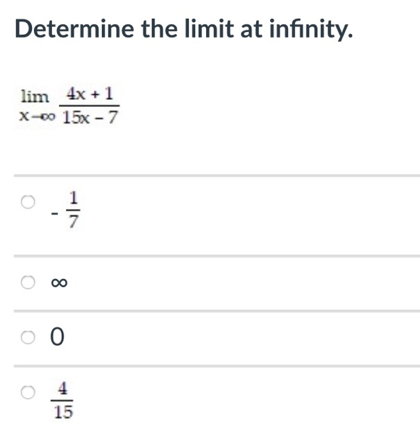 Solved Determine the limit at infinity. lim 4x + 1 X-00 15x | Chegg.com