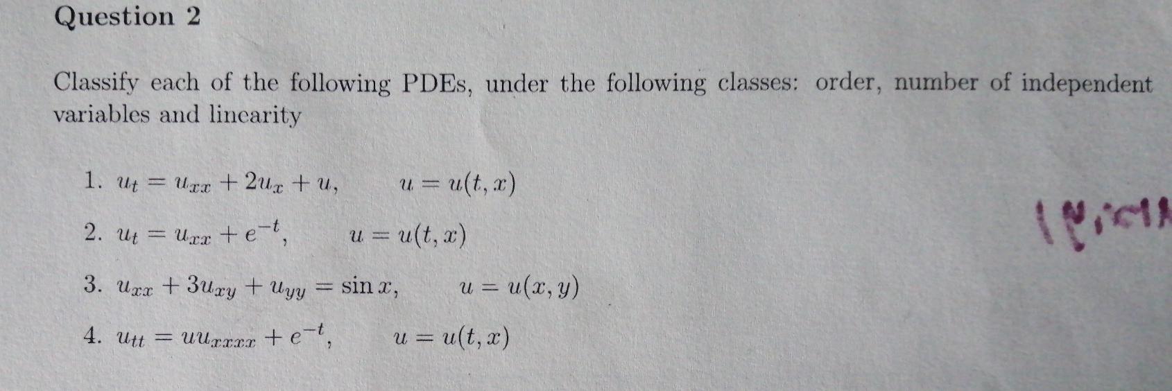 Solved Question 2 Classify Each Of The Following Pdes Under
