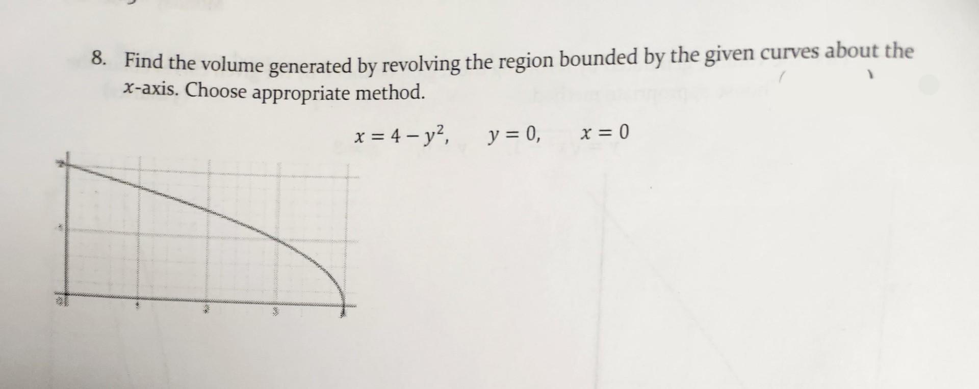 Solved 8. Find the volume generated by revolving the region | Chegg.com