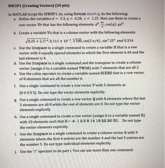 Solved HW3P1 (Creating Vectors) (20 pts): In MATLAB Script | Chegg.com