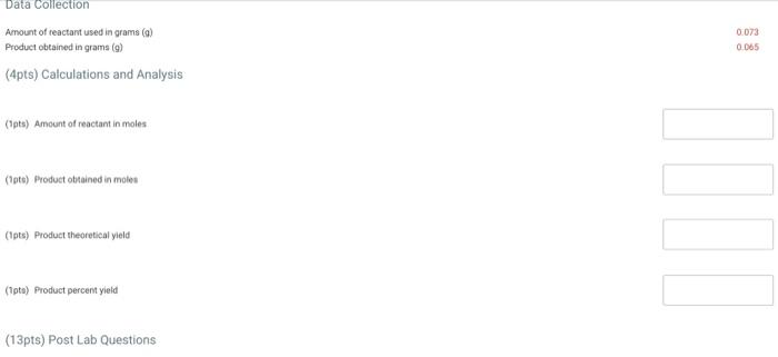 Solved Data Collection 0.073 0.065 Amount of reactant used | Chegg.com